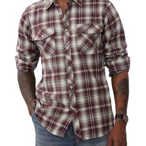 PJ PAUL JONES Mens Casual Button Down Shirts Flannel Plaid Cotton Regular Fit Long Sleeve Shirts Red White Large