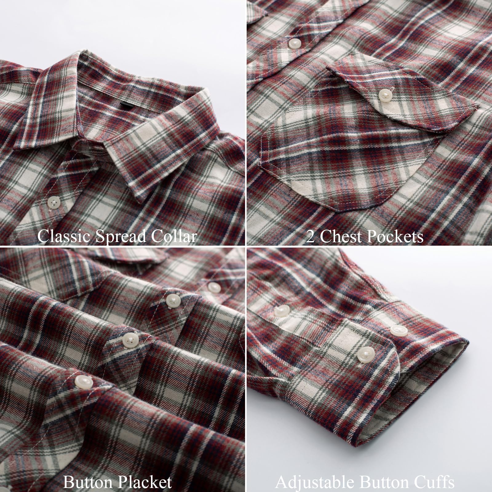 PJ PAUL JONES Mens Casual Button Down Shirts Flannel Plaid Cotton Regular Fit Long Sleeve Shirts Red White Large