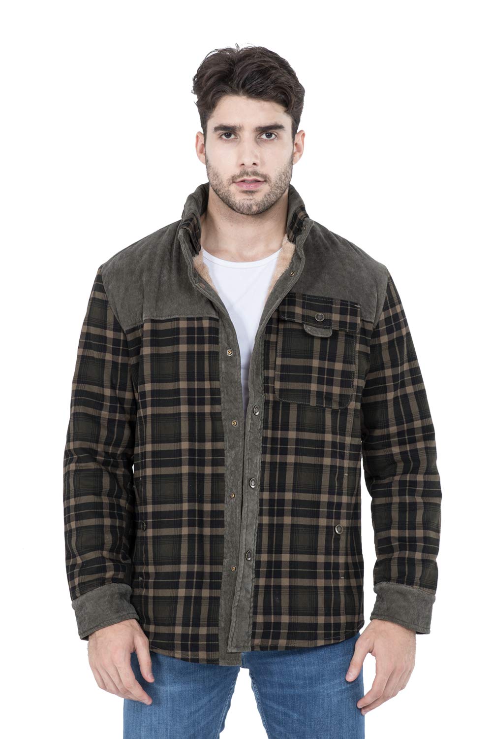 NEWHALL Men's Plaid Long sleeve flannel lined Buttoned Shirt, Winter Windproof and Warm Jacket S Dark Green