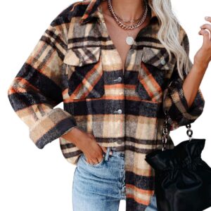 Dokotoo Classic Plaid Button Up Shirts for Women Roll Up Long Sleeve Flannel Tops Turn Down Collar Soft Checked Loose Boyfriends Baggy T-Shirt Outerwear for Ladies Office Jacket Orange M