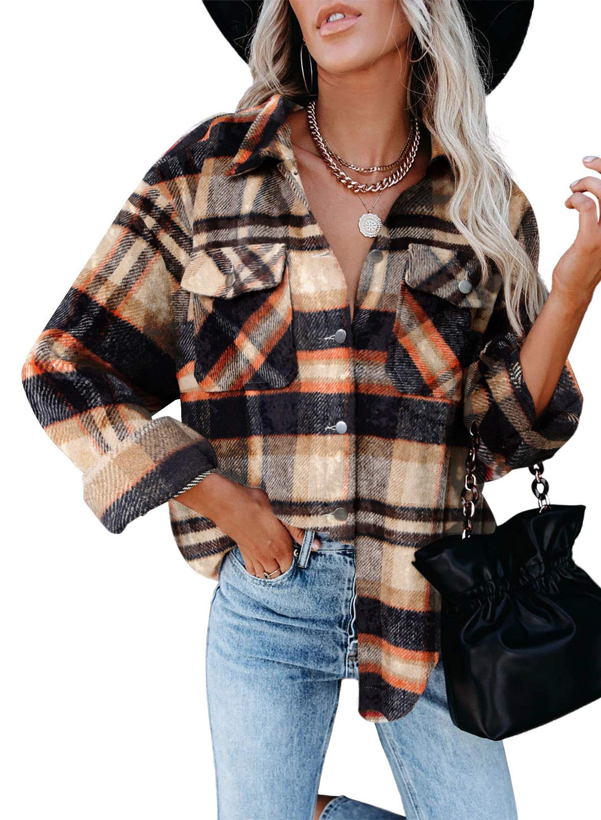 Dokotoo Classic Plaid Button Up Shirts for Women Roll Up Long Sleeve Flannel Tops Turn Down Collar Soft Checked Loose Boyfriends Baggy T-Shirt Outerwear for Ladies Office Jacket Orange M