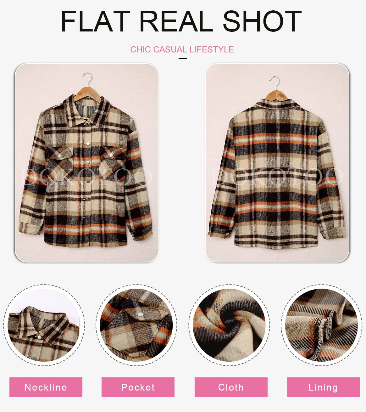 Dokotoo Classic Plaid Button Up Shirts for Women Roll Up Long Sleeve Flannel Tops Turn Down Collar Soft Checked Loose Boyfriends Baggy T-Shirt Outerwear for Ladies Office Jacket Orange M