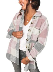 shewin women's flannel shirts long sleeve plaid lapel casual button up shacket jacket coats with pockets fall tops for women,us 8-10(m),pink