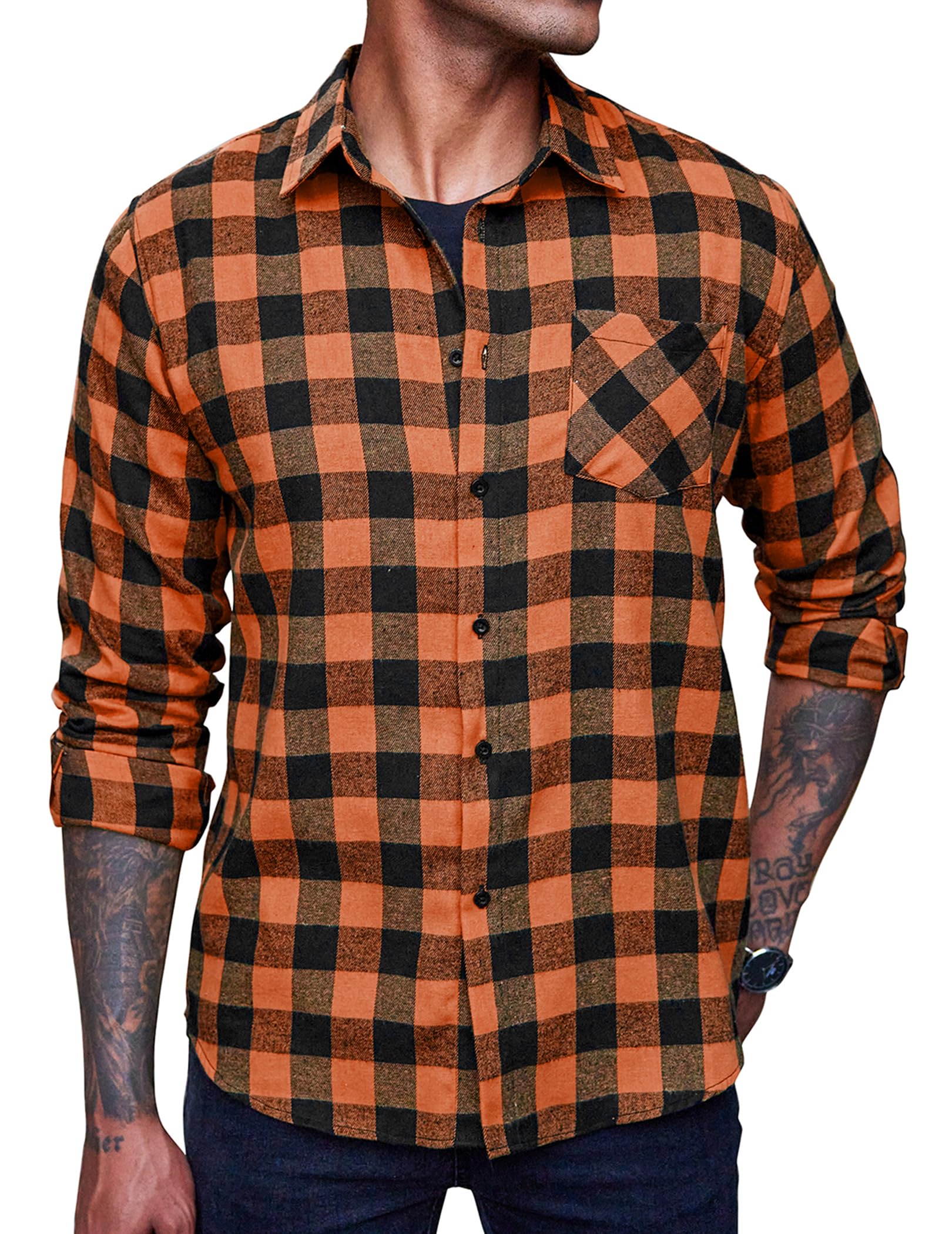 COOFANDY Men's Flannel Plaid Shirt Casual Long Sleeve Checkered Shirt Fall Overshirt A - Orange