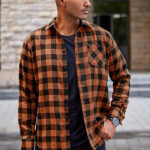 COOFANDY Men's Flannel Plaid Shirt Casual Long Sleeve Checkered Shirt Fall Overshirt A - Orange