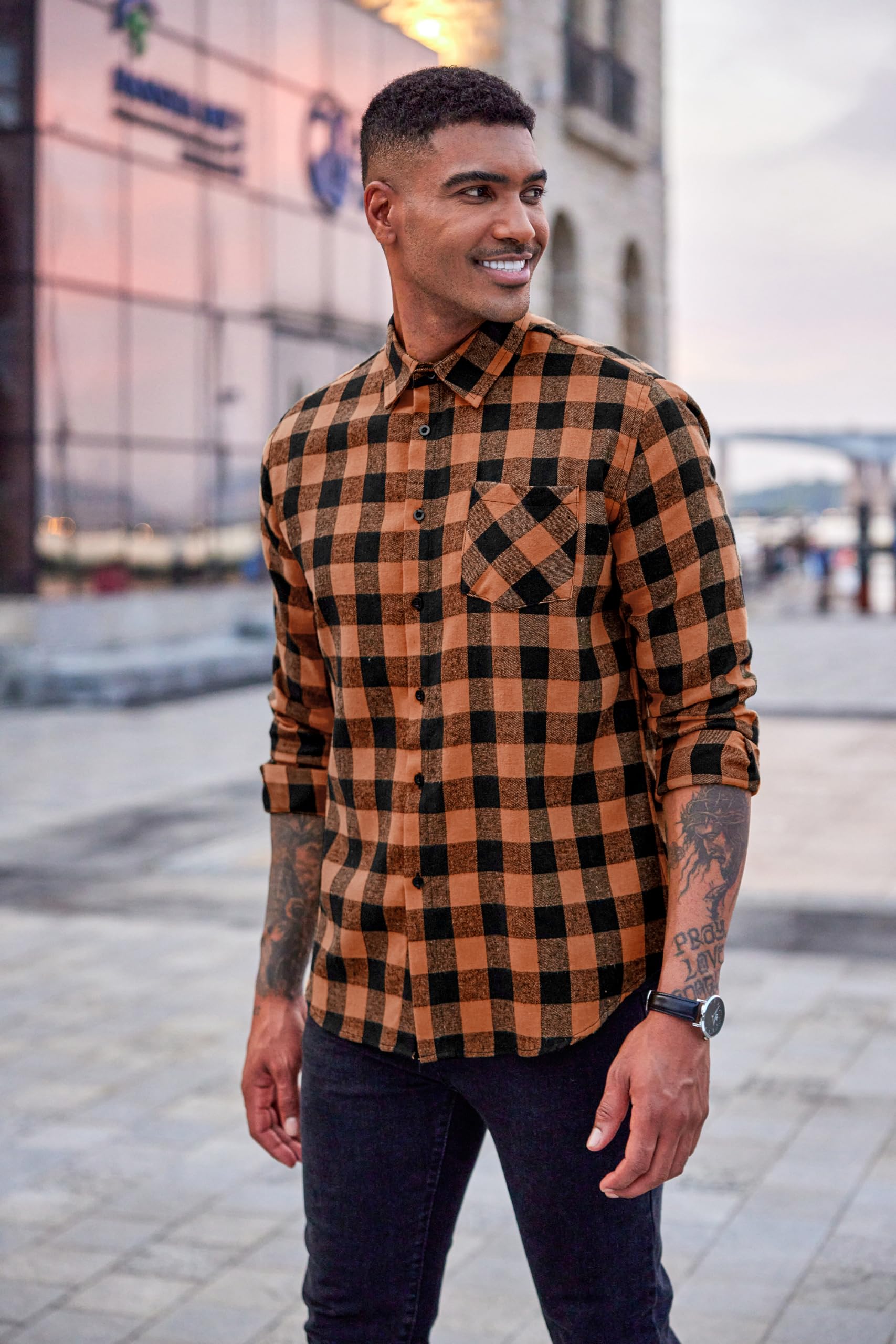 COOFANDY Men's Flannel Plaid Shirt Casual Long Sleeve Checkered Shirt Fall Overshirt A - Orange