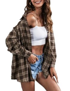 oulivey plaid flannel shirts for women oversized button down long sleeve buffalo shirts blouse tops(0003-coffee-s)