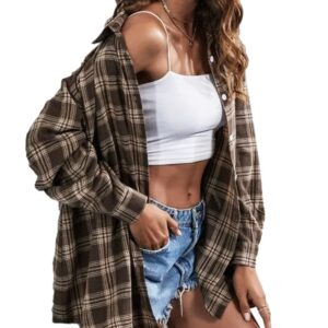 Oulivey Plaid Flannel Shirts for Women Oversized Button Down Long Sleeve Buffalo Shirts Blouse Tops(0003-Coffee-S)