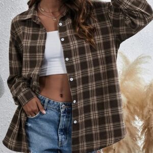 Oulivey Plaid Flannel Shirts for Women Oversized Button Down Long Sleeve Buffalo Shirts Blouse Tops(0003-Coffee-S)