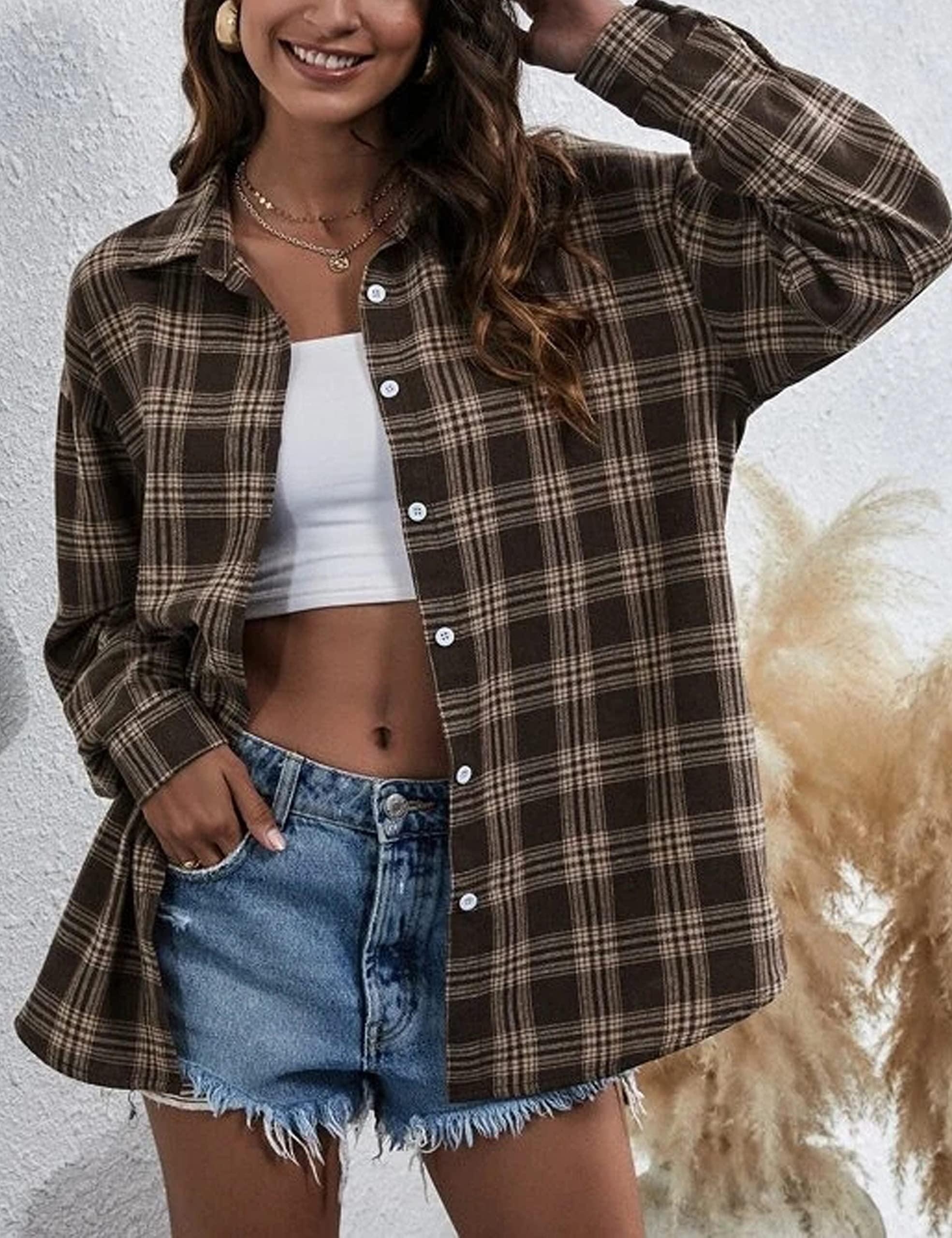 Oulivey Plaid Flannel Shirts for Women Oversized Button Down Long Sleeve Buffalo Shirts Blouse Tops(0003-Coffee-S)