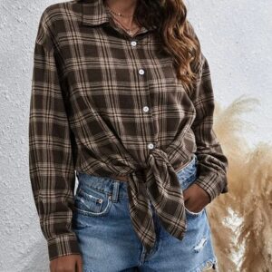 Oulivey Plaid Flannel Shirts for Women Oversized Button Down Long Sleeve Buffalo Shirts Blouse Tops(0003-Coffee-S)