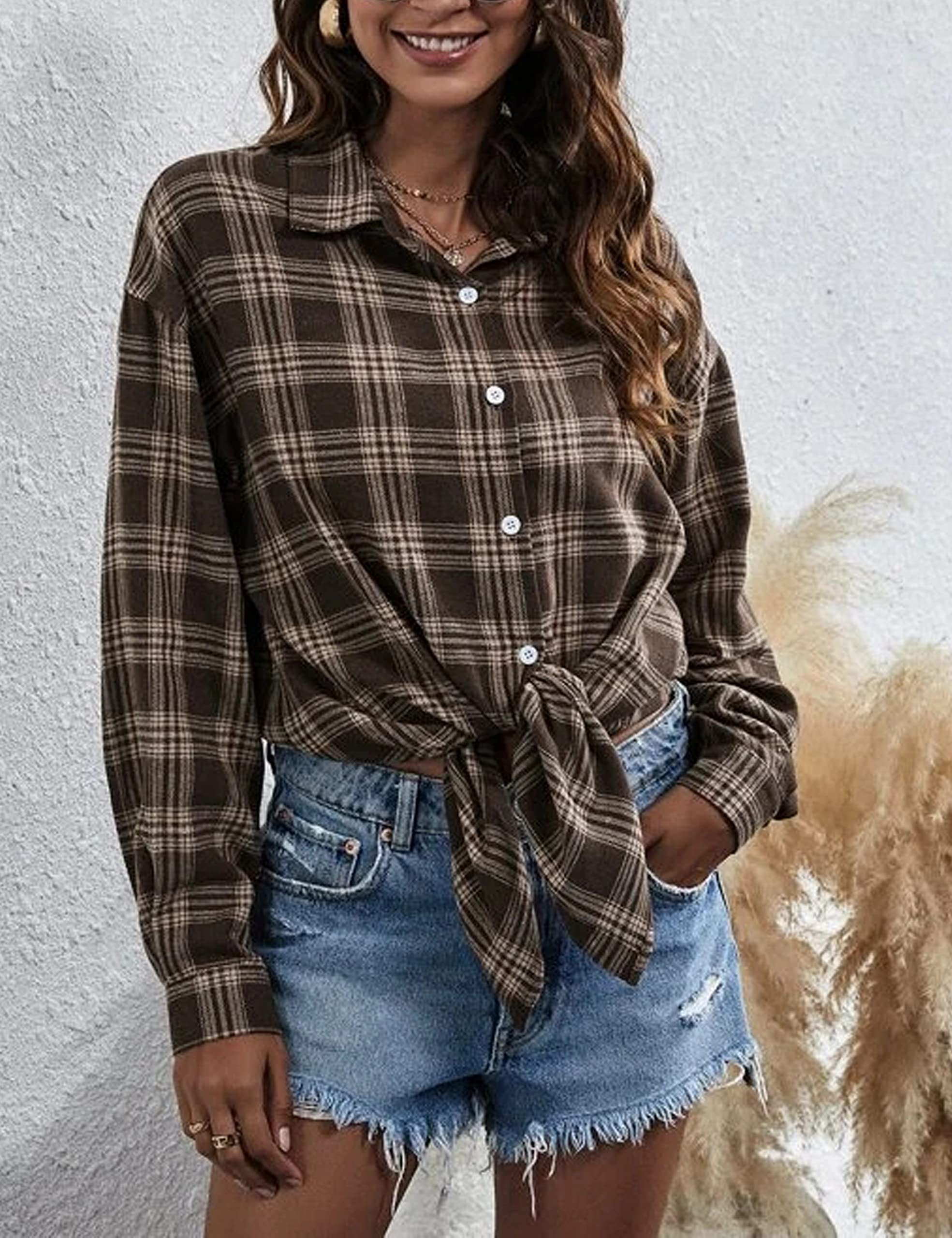 Oulivey Plaid Flannel Shirts for Women Oversized Button Down Long Sleeve Buffalo Shirts Blouse Tops(0003-Coffee-S)