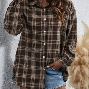 Oulivey Plaid Flannel Shirts for Women Oversized Button Down Long Sleeve Buffalo Shirts Blouse Tops(0003-Coffee-S)