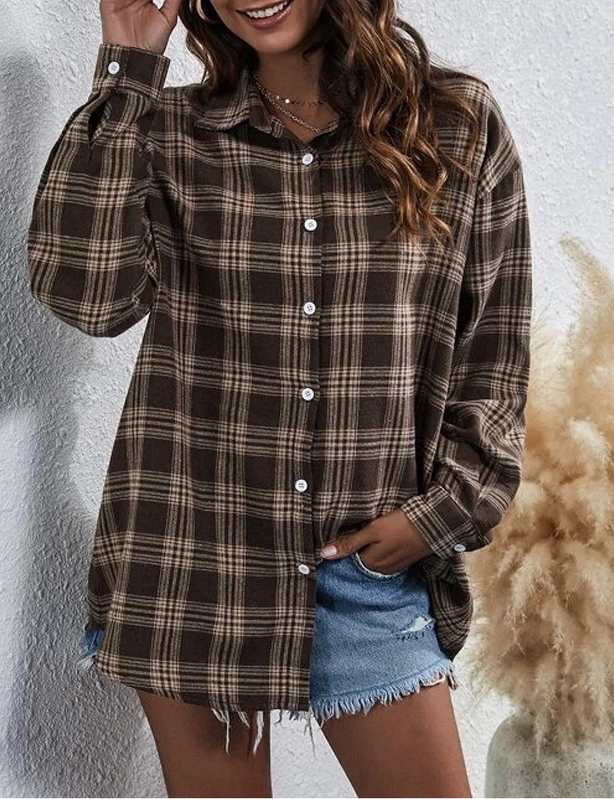 Oulivey Plaid Flannel Shirts for Women Oversized Button Down Long Sleeve Buffalo Shirts Blouse Tops(0003-Coffee-S)