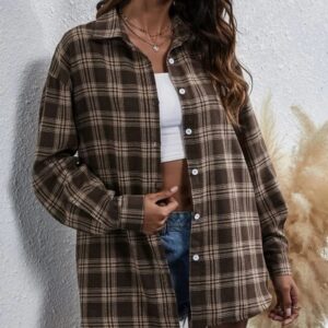 Oulivey Plaid Flannel Shirts for Women Oversized Button Down Long Sleeve Buffalo Shirts Blouse Tops(0003-Coffee-S)