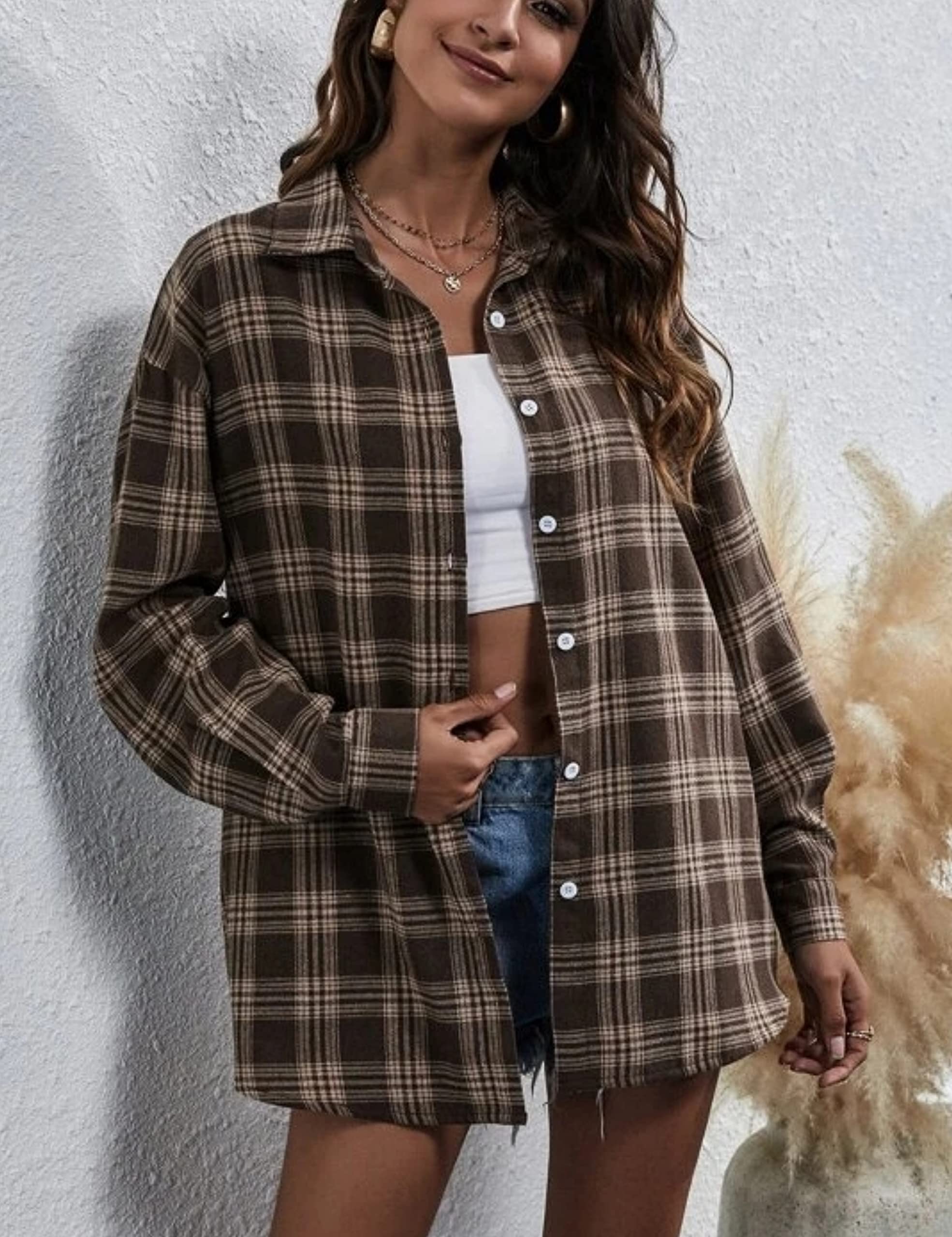 Oulivey Plaid Flannel Shirts for Women Oversized Button Down Long Sleeve Buffalo Shirts Blouse Tops(0003-Coffee-S)