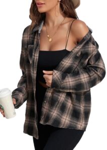 kevamolly plaid long sleeve flannel shirts for women loose fit boyfriend button down shirt casual flannel blouse tops brown black m