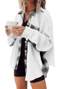 shewin womens waffle knit plaid shacket button down shirts jacket boyfriend shirts long sleeve tops fall clothes for women 2024 white s