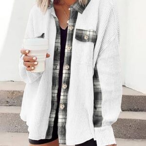 SHEWIN Womens Waffle Knit Plaid Shacket Button Down Shirts Jacket Boyfriend Shirts Long Sleeve Tops Fall Clothes for Women 2024 White S