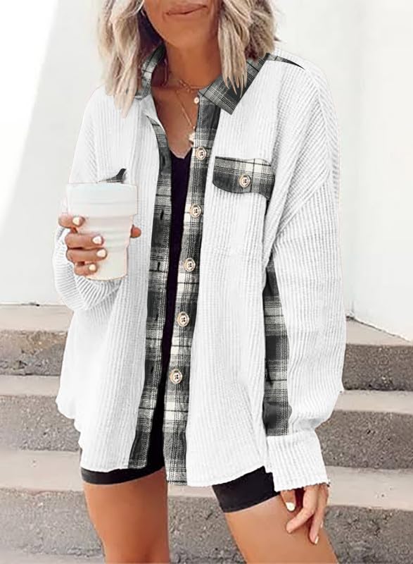 SHEWIN Womens Waffle Knit Plaid Shacket Button Down Shirts Jacket Boyfriend Shirts Long Sleeve Tops Fall Clothes for Women 2024 White S