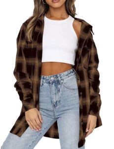 bozanly button down mid long plaid flannel shirts for women lapel long sleeve loose check jacket shacket(0635-brown-m)