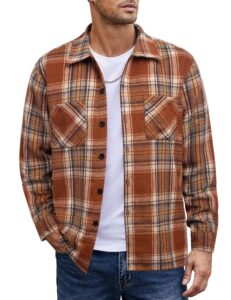 coofandy men's brown flannels plaid shirts regular fit long sleeve button down shacket vintage western shirts