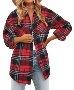 btfbm women's long sleeve button down jackets plaid flannel shirts tops casual lapel v neck oversized shackets blouses top (x-large, plaid print red)