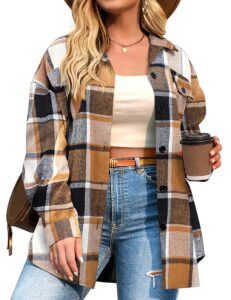 in'voland women's flannel plaid shacket casual button down long sleeve flannel shirts plus size fall tartan jacket brown 24w