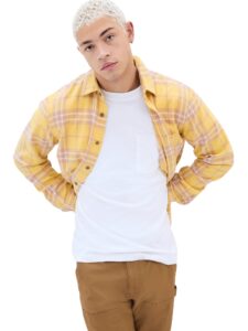 gap mens untucked flannel button down shirt, yellow beige plaid, x-small us