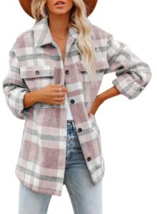 dokotoo womens flannel shirt fashion plaid button down long sleeve shirts for women turn down collared shacket jacket comfy winter coats for ladies tops with pockets pink large