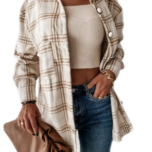 Ladies button shirt long-sleeved plaid top regular-fit casual T-shirt with pockets Khaki Medium