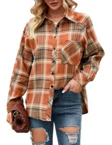 blooming jelly womens long sleeve shirts flannel plaid tops 2023 button down casual fall outfits shacket(medium, orange plaid)