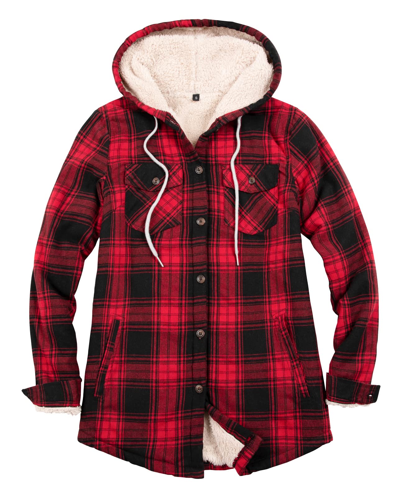 ThCreasa Flannel Shirt Jacket Women with Hood, Buffalo Plaid Sherpa Fleece Lined Button Up Hooded Flannel Jacket Women Red M