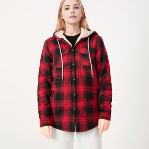 ThCreasa Flannel Shirt Jacket Women with Hood, Buffalo Plaid Sherpa Fleece Lined Button Up Hooded Flannel Jacket Women Red M