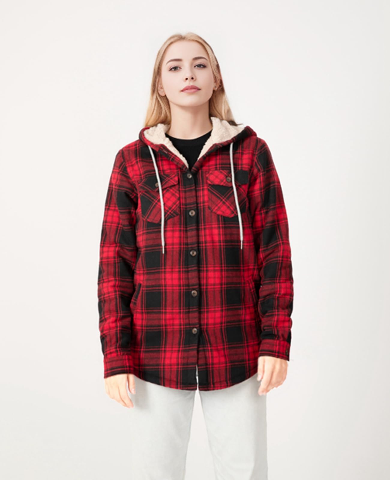 ThCreasa Flannel Shirt Jacket Women with Hood, Buffalo Plaid Sherpa Fleece Lined Button Up Hooded Flannel Jacket Women Red M