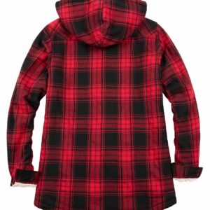 ThCreasa Flannel Shirt Jacket Women with Hood, Buffalo Plaid Sherpa Fleece Lined Button Up Hooded Flannel Jacket Women Red M