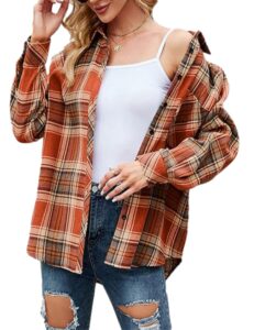 zontroldy womens lightweight flannel shirt plaid buffalo long sleeve button down oversized flannels shirts blouse tops (0199-orange-m)