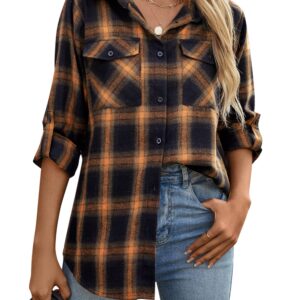 Blooming Jelly Women's Flannel Shirts Plaid Shacket Button Down Collared Business Casual Blouse 2023 Fall Roll Up Long Sleeve Tops (Yellow,Small)