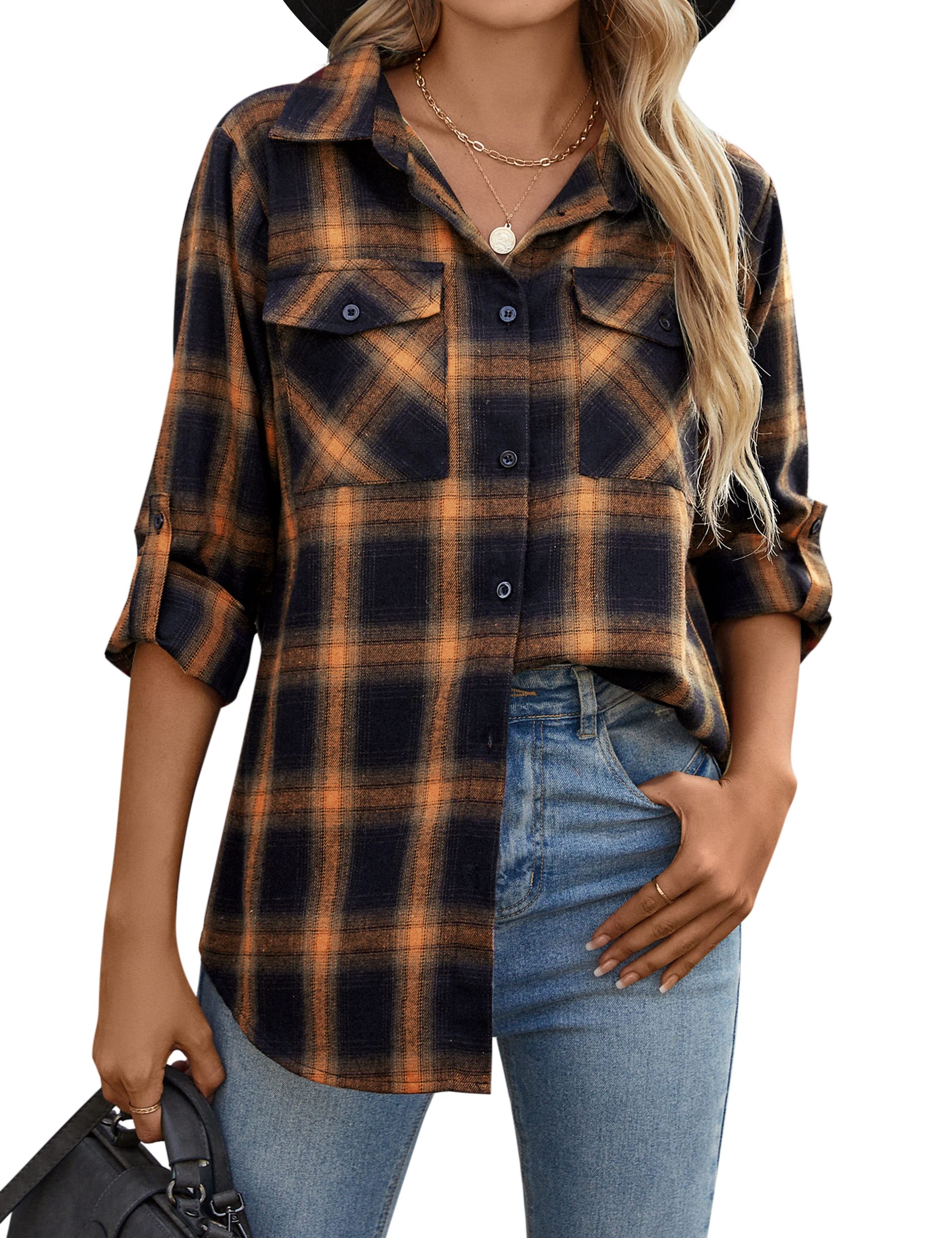 Blooming Jelly Women's Flannel Shirts Plaid Shacket Button Down Collared Business Casual Blouse 2023 Fall Roll Up Long Sleeve Tops (Yellow,Small)