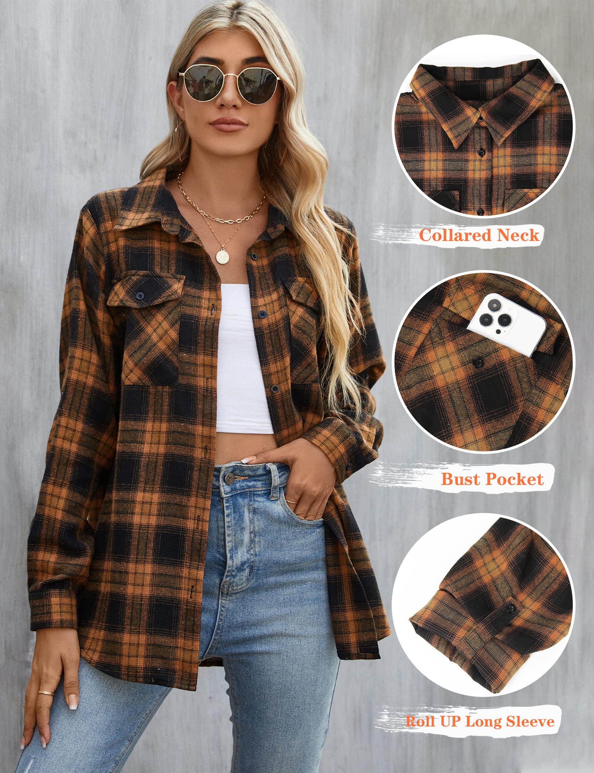 Blooming Jelly Women's Flannel Shirts Plaid Shacket Button Down Collared Business Casual Blouse 2023 Fall Roll Up Long Sleeve Tops (Yellow,Small)