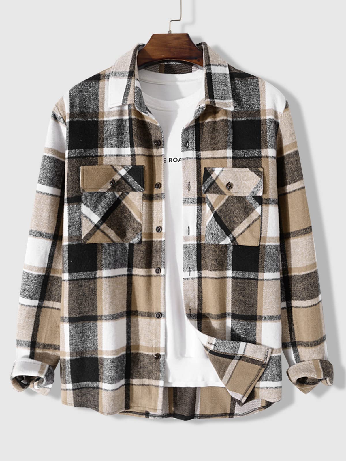 ZAFUL Men's Unisex Plaid Shirt Casual Flannel Jacket Button Down Long Sleeve Pocket Shirt Tops