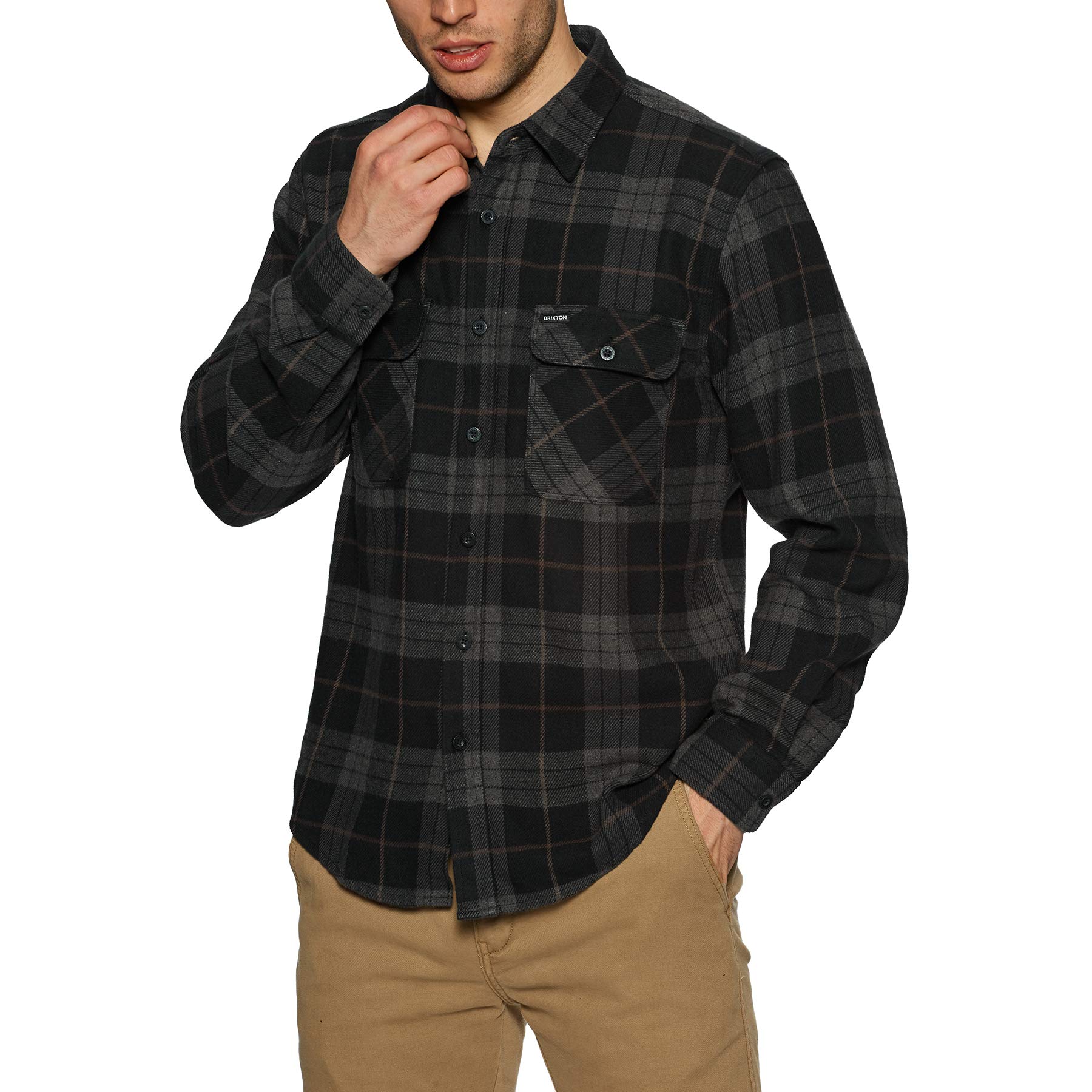 Brixton mens Bowery L/S Flannel Button Down Shirt, Black/Charcoal, X-Large US