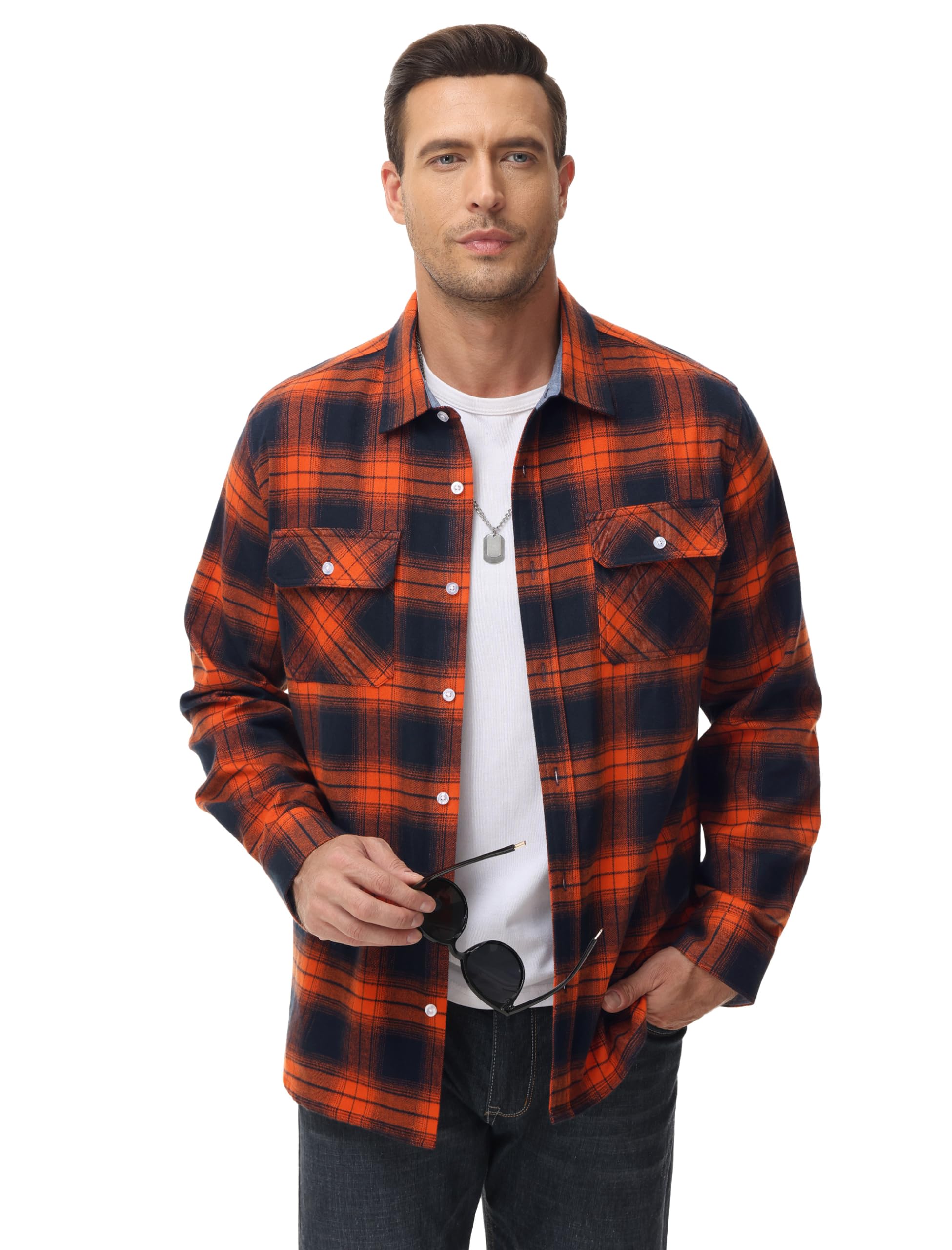 MAGCOMSEN Men's Button Down Long Sleeve Shirts Flannel Shirts Plaid Shirts Casual Shirts Classic Shirts,Orange M