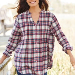 Woman Within Women's Plus Size Pintucked Flannel Shirt - 2X, Vivid Red Buffalo Plaid