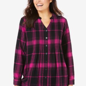 Woman Within Women's Plus Size Pintucked Flannel Shirt - 2X, Vivid Red Buffalo Plaid