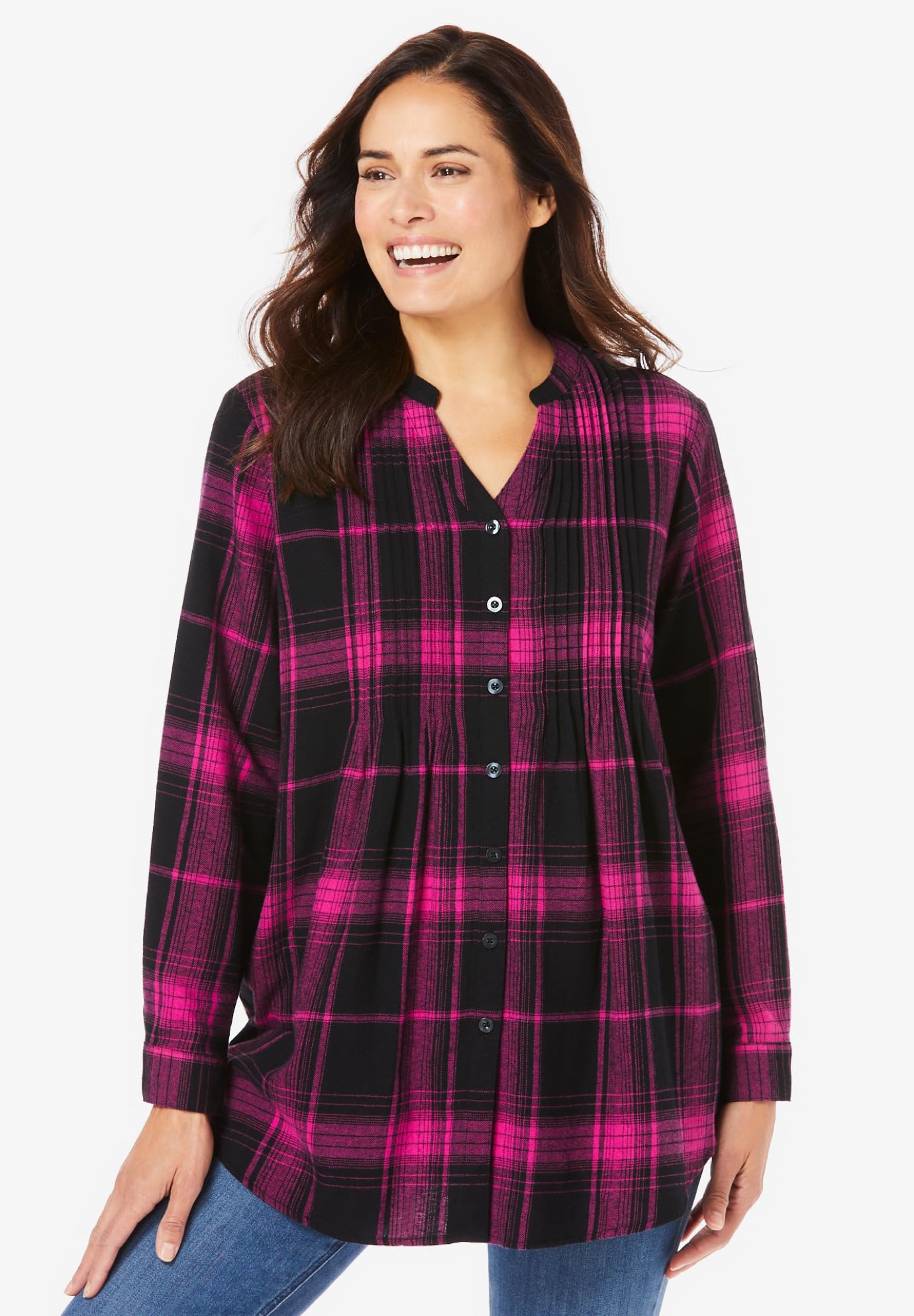 Woman Within Women's Plus Size Pintucked Flannel Shirt - 2X, Vivid Red Buffalo Plaid