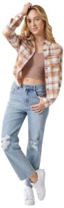 wallflower women's bowery brushed cropped cozy flannel boyfriend trendy spring, summer, and fall light button down shirt, lavender plaid, large