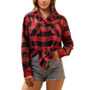 damipow flannel shirt women long sleeve fall blouse ladies casual top cute clothes,redt91,m