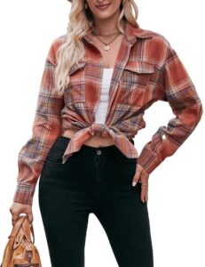 oulivey women plaid flannel shirts long sleeve oversized button down boyfriend blouse tops (0066-brown-xl)