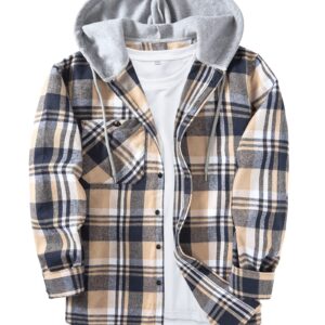 SWISSWELL Mens Flannel Hoodie Shirts Long Sleeve Fashion Plaid Jackets Button Down Shirts Navy Beige L